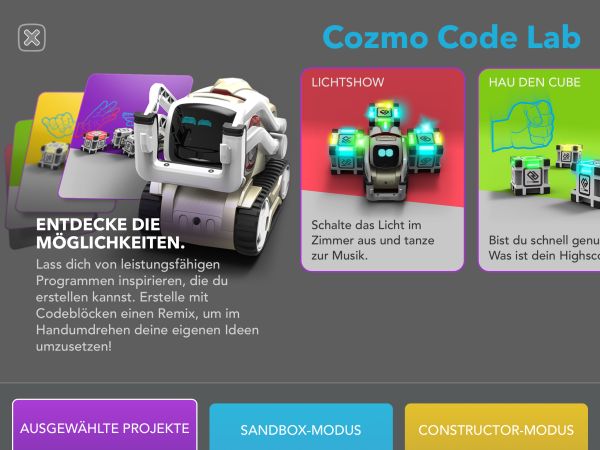 Cozmo geht in die Vertikale mit dem Constructor Mode - Check-App